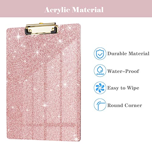 WAVEYU Acrylic Clipboard, Glitter Pink Clipboard for Women Girls, Stardard Letter Size Clipboard with Low Profile Gold Clip Designed for Classroom School and Office Use, A4 Size 12.5" x 9", Rose Gold