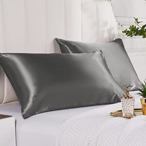 Satin Silk Pillowcases for Hair and Skin 2 Pack Standard Size Pillow Cases Wrinkle Resistant Ultra Soft Pillow Covers with Envelope Closure(Dark Grey, 20”X26”)