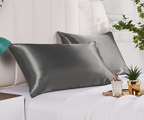 Satin Silk Pillowcases for Hair and Skin 2 Pack Standard Size Pillow Cases Wrinkle Resistant Ultra Soft Pillow Covers with Envelope Closure(Dark Grey, 20”X26”)