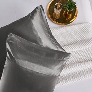 Satin Silk Pillowcases for Hair and Skin 2 Pack Standard Size Pillow Cases Wrinkle Resistant Ultra Soft Pillow Covers with Envelope Closure(Dark Grey, 20”X26”)