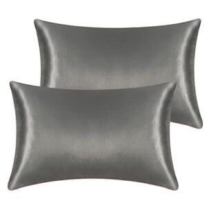 Satin Silk Pillowcases for Hair and Skin 2 Pack Standard Size Pillow Cases Wrinkle Resistant Ultra Soft Pillow Covers with Envelope Closure(Dark Grey, 20”X26”)