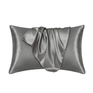 Satin Silk Pillowcases for Hair and Skin 2 Pack Standard Size Pillow Cases Wrinkle Resistant Ultra Soft Pillow Covers with Envelope Closure(Dark Grey, 20”X26”)