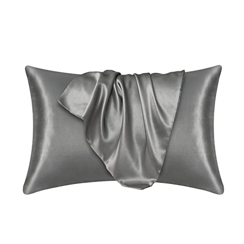 Satin Silk Pillowcases for Hair and Skin 2 Pack Standard Size Pillow Cases Wrinkle Resistant Ultra Soft Pillow Covers with Envelope Closure(Dark Grey, 20”X26”)