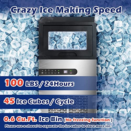 Commercial Ice Maker, 100LBS/24H Under Counter Ice Maker Machine w/Large Ice Bin, 45 Ice Cubes/Cycle, 2 Water Inlet Modes, Self Clean, 24H Timer, Freestanding Ice Machine for Bar, Coffee Shop