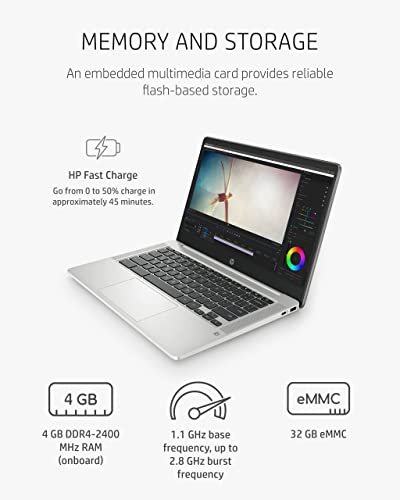 HP Chromebook 14 Laptop, Intel Celeron Processor, 4 GB RAM, 32 GB eMMC, 14” FHD (1920 x 1080) Chrome OS (14a-na0160nr) (Renewed)