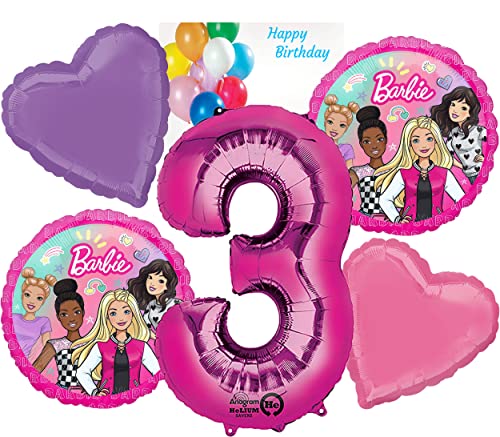 Mayflower111921 Barbie Party Foil Balloons Bundle with Number 3 and Heart Balloons (6 Items)