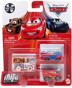 disney pixar cars mini racers international adventure 3-pack, soapy mater, racing wheels lightning mcqueen & union jack ramone