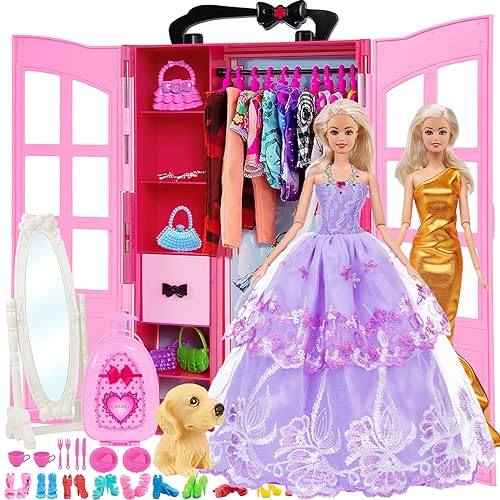 Doll Closet Wardrobe Set for 11.5 Inch Girl Doll 106 Pcs Clothes and Accessories Include Wardrobe, Suitcase, Mirror,Outfits, Dress, Shoes, Hangers, Handbags, Necklace, Crown and Dog (Pink+Rose)