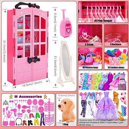 Doll Closet Wardrobe Set for 11.5 Inch Girl Doll 106 Pcs Clothes and Accessories Include Wardrobe, Suitcase, Mirror,Outfits, Dress, Shoes, Hangers, Handbags, Necklace, Crown and Dog (Pink+Rose)