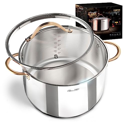 Ciwete 8 Quart Stock Pot, 18/10 Tri-Ply Stainless Steel Whole Clad Stock Pot with Lid, Integrated Process, 8 QT Soup Pot with Copper Handle, Induction Stockpot, Oven, Gas, Dishwasher Safe