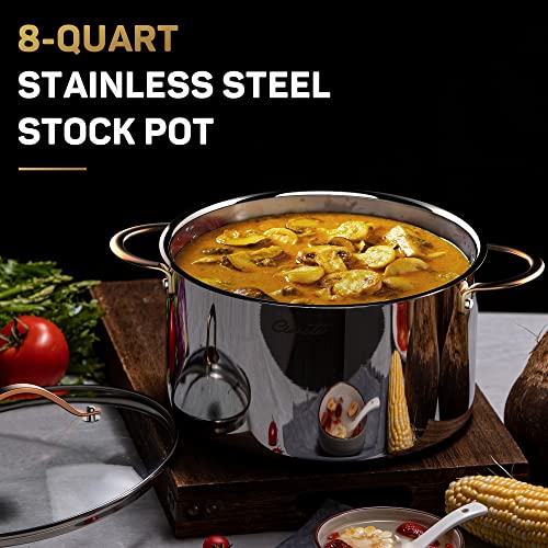 Ciwete 8 Quart Stock Pot, 18/10 Tri-Ply Stainless Steel Whole Clad Stock Pot with Lid, Integrated Process, 8 QT Soup Pot with Copper Handle, Induction Stockpot, Oven, Gas, Dishwasher Safe