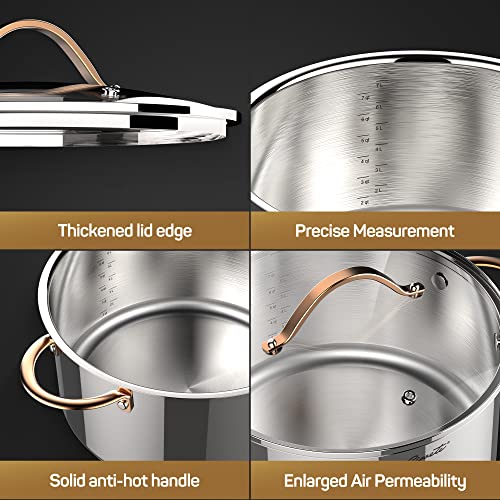 Ciwete 8 Quart Stock Pot, 18/10 Tri-Ply Stainless Steel Whole Clad Stock Pot with Lid, Integrated Process, 8 QT Soup Pot with Copper Handle, Induction Stockpot, Oven, Gas, Dishwasher Safe