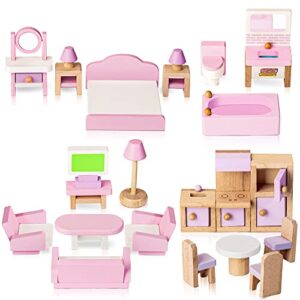 wooden dollhouse furniture set, 22 pcs miniature dollhouse accessories including 5 room kits, little people house furniture, doll house furniture toys gift for girls boys age 3+