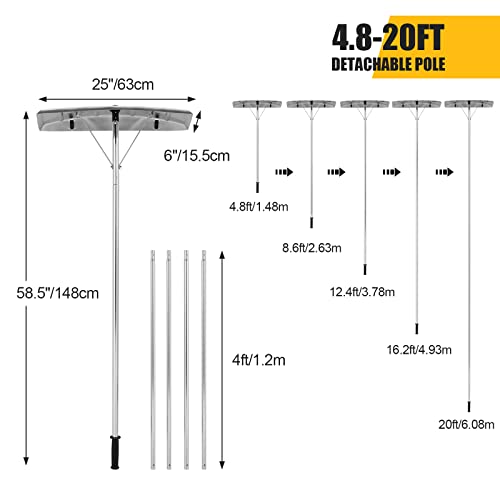 GYMAX Snow Roof Rake, 4.8-20FT Extendable Aluminum Roof Rake with Built-in Wheels, Anti-Slip Handle & 25”Wide Blade, Snow Shovel for House Roof Snow Removal, Leaves, Dribs