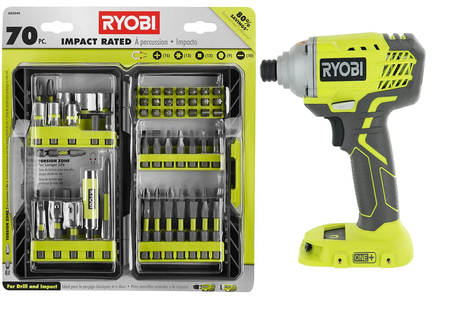 Ryobi 18V ONE+ 1/4 Inch Impact Drill Driver Kit Bundle Set with 70 pc BONUS Bits (Tool only- Battery and charger not included)