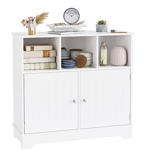 HORSTORS Floor Storage Cabinet, Linen Freestanding Bathroom Cabinet, Side Accent Cabinet with Doors and 3 Open Cubes for Home Office, 31.4" L x 11.8" D x 29.1" H, White