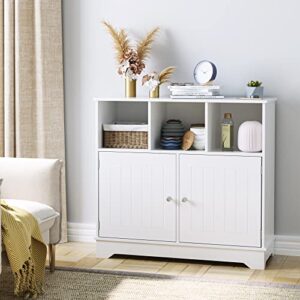 HORSTORS Floor Storage Cabinet, Linen Freestanding Bathroom Cabinet, Side Accent Cabinet with Doors and 3 Open Cubes for Home Office, 31.4" L x 11.8" D x 29.1" H, White