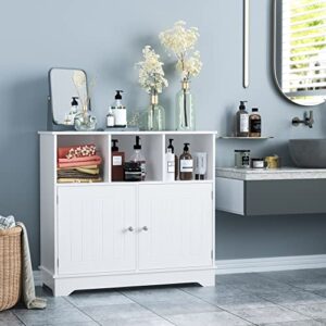 HORSTORS Floor Storage Cabinet, Linen Freestanding Bathroom Cabinet, Side Accent Cabinet with Doors and 3 Open Cubes for Home Office, 31.4" L x 11.8" D x 29.1" H, White