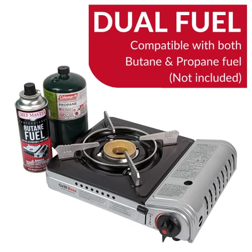 Grill Boss 90057 Dual Fuel Camp Stove | Works with both Butane and Propane | Perfect for Camping & Hiking | Emergency Cooking Stove | Single Burner 12k BTU Output