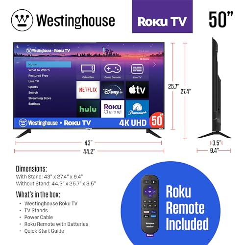 Westinghouse Roku TV - 50 Inch Smart TV, 4K UHD LED TV with Wi-Fi Connectivity and Mobile App, Flat Screen TV Compatible with Apple Home Kit, Alexa and Google Assistant