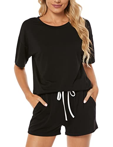 LOCUBE Women's Pajama Sets Soft Comfy Short Sleeve Lounge Outfits Pj Set Shorts with Pockets (Black 2, Medium)