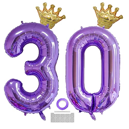 Purple 30 Number Balloon 40 inch Jumbo Foil Balloons with Detachable Crown Foil Prom Balloon for 30th Birthday Party Decoration 30 Wedding Anniversary Photos Props Supplies