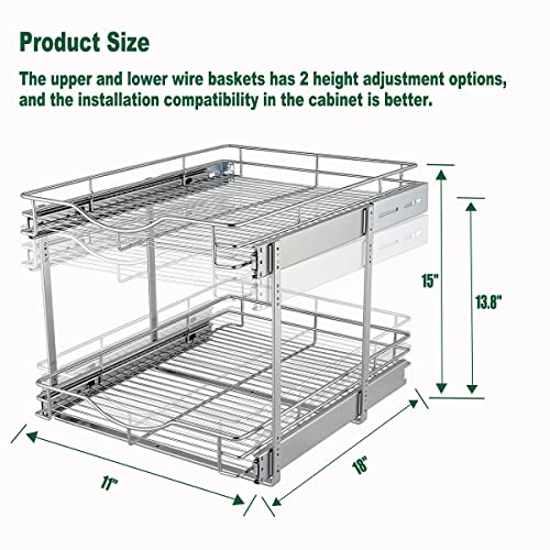 DINDON 2 Tier Pull Out Cabinet Organizer (11" W x 18" D) Heavy-Duty Metal Sliding Drawer Shelf, Two Tier Pull Out Shelves for Kitchen Cabinets, Pantry, Bathroom, Chrome Finish