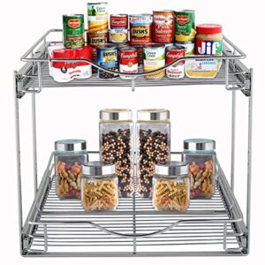 DINDON 2 Tier Pull Out Cabinet Organizer (11" W x 18" D) Heavy-Duty Metal Sliding Drawer Shelf, Two Tier Pull Out Shelves for Kitchen Cabinets, Pantry, Bathroom, Chrome Finish