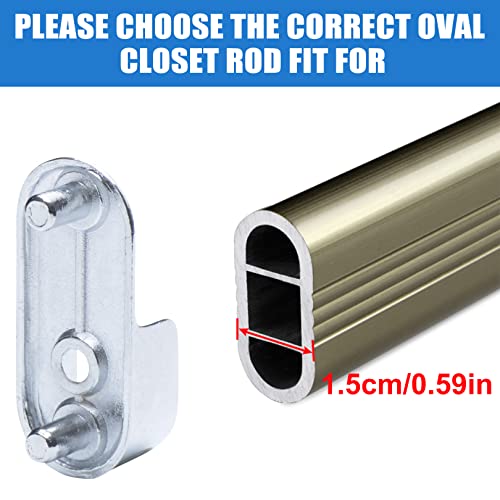 6Pcs Oval Closet Rod End Supports 15mm x 30mm, Wardrobe Bracket Metal Rod Holders, Heavy-Duty Closet Pole Socket with Rear Facing 6.5mm Pins