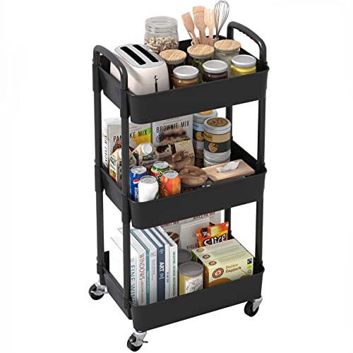 Sywhitta 3-Tier Plastic Rolling Utility Cart with Handle, Multi-Functional Storage Trolley for Office, Living Room, Kitchen, Movable Storage Organizer with Wheels, Black