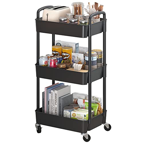 Sywhitta 3-Tier Plastic Rolling Utility Cart with Handle, Multi-Functional Storage Trolley for Office, Living Room, Kitchen, Movable Storage Organizer with Wheels, Black