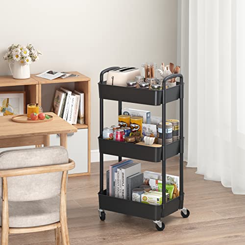 Sywhitta 3-Tier Plastic Rolling Utility Cart with Handle, Multi-Functional Storage Trolley for Office, Living Room, Kitchen, Movable Storage Organizer with Wheels, Black