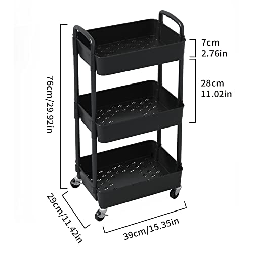 Sywhitta 3-Tier Plastic Rolling Utility Cart with Handle, Multi-Functional Storage Trolley for Office, Living Room, Kitchen, Movable Storage Organizer with Wheels, Black