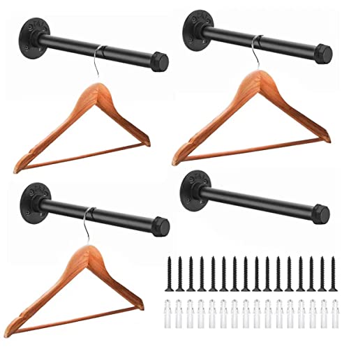 Bailoo Industrial Pipe Clothing Rack 12 Inch 4 Pack, Wall Mounted Clothes Rack Heavy Duty Rustic Vintage Steel Black Metal Clothing Hanging Rod