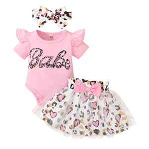 miekisa baby girls romper and leopard mesh dress sets with headband (pink, 0-3 months)