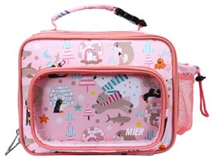 mier lunch bags for kids boys girls toddlers cute insulated lunch box tote school lunchbox kit with external water bottle holder/clear zipper pocket (pink-marine animals)