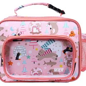 MIER Lunch Bags for Kids Boys Girls Toddlers Cute Insulated Lunch Box Tote School Lunchbox Kit with External Water Bottle Holder/Clear Zipper Pocket (Pink-Marine Animals)