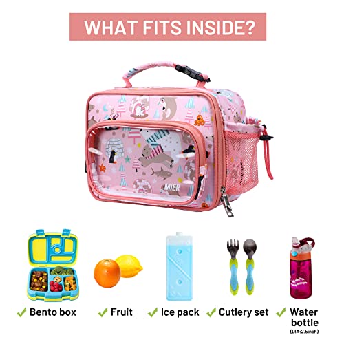 MIER Lunch Bags for Kids Boys Girls Toddlers Cute Insulated Lunch Box Tote School Lunchbox Kit with External Water Bottle Holder/Clear Zipper Pocket (Pink-Marine Animals)