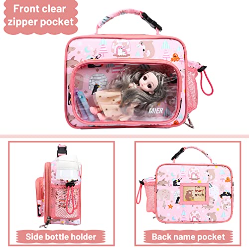 MIER Lunch Bags for Kids Boys Girls Toddlers Cute Insulated Lunch Box Tote School Lunchbox Kit with External Water Bottle Holder/Clear Zipper Pocket (Pink-Marine Animals)