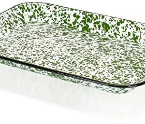 Red Co. 13.5” x 10” Enamelware Metal Classic 1.6-Quart Rectangular Serving Tray, Dark Green Marble/Black Rim – Splatter Design