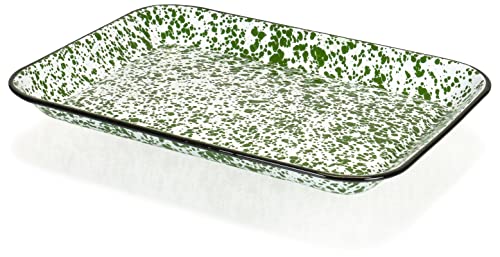 Red Co. 13.5” x 10” Enamelware Metal Classic 1.6-Quart Rectangular Serving Tray, Dark Green Marble/Black Rim – Splatter Design