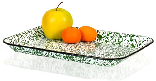 Red Co. 13.5” x 10” Enamelware Metal Classic 1.6-Quart Rectangular Serving Tray, Dark Green Marble/Black Rim – Splatter Design