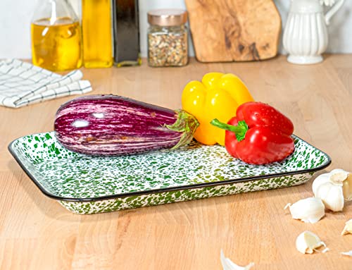 Red Co. 13.5” x 10” Enamelware Metal Classic 1.6-Quart Rectangular Serving Tray, Dark Green Marble/Black Rim – Splatter Design