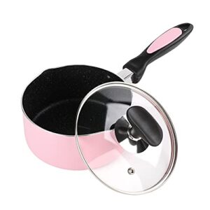 hoojay 1 quart non stick saucepan with glass lid,small soup pot with lid 1qt sauce pan for home kitchen,pink