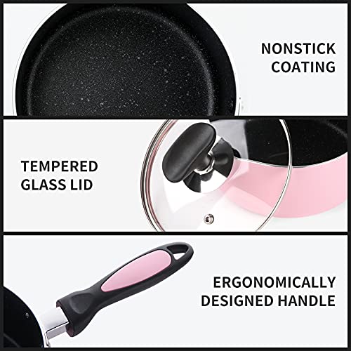 HooJay 1 Quart Non Stick Saucepan with Glass Lid,Small Soup Pot with Lid 1Qt Sauce Pan for Home Kitchen,Pink