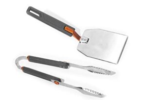 blackstone 5294 foldable 2 piece hamburger spatula flipper and 1 bbq tong-flex fold model stainless steel-easy to carry and clean griddle accessories tool set, black, orange