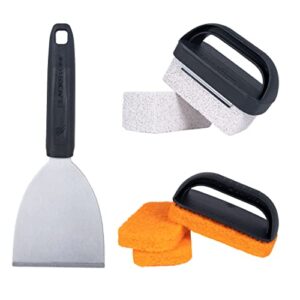 blackstone 5463 cleaning tool kit (8 pieces) bbq grill flat top indoor/outdoor accessories-1 stainless steel griddle scraper, 3 scouring pads, 2 pumice stone with handle, black, orange, silver