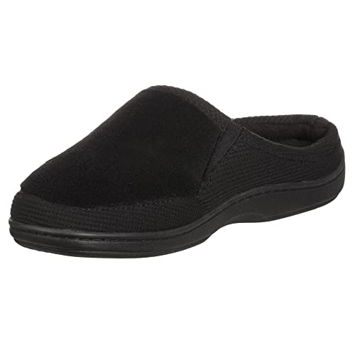 isotoner Men's Microterry and Waffle Travis Slip-On Hoodback Slipper, Black, 8-9