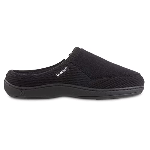 isotoner Men's Microterry and Waffle Travis Slip-On Hoodback Slipper, Black, 8-9