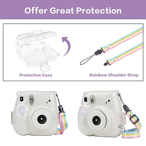 MOSISO Protective Case Compatible with Fujifilm Instax Mini 7+ Instant Camera, Hard Shell Camera Case Cover with Adjustable Rainbow Shoulder Strap, Crystal Clear